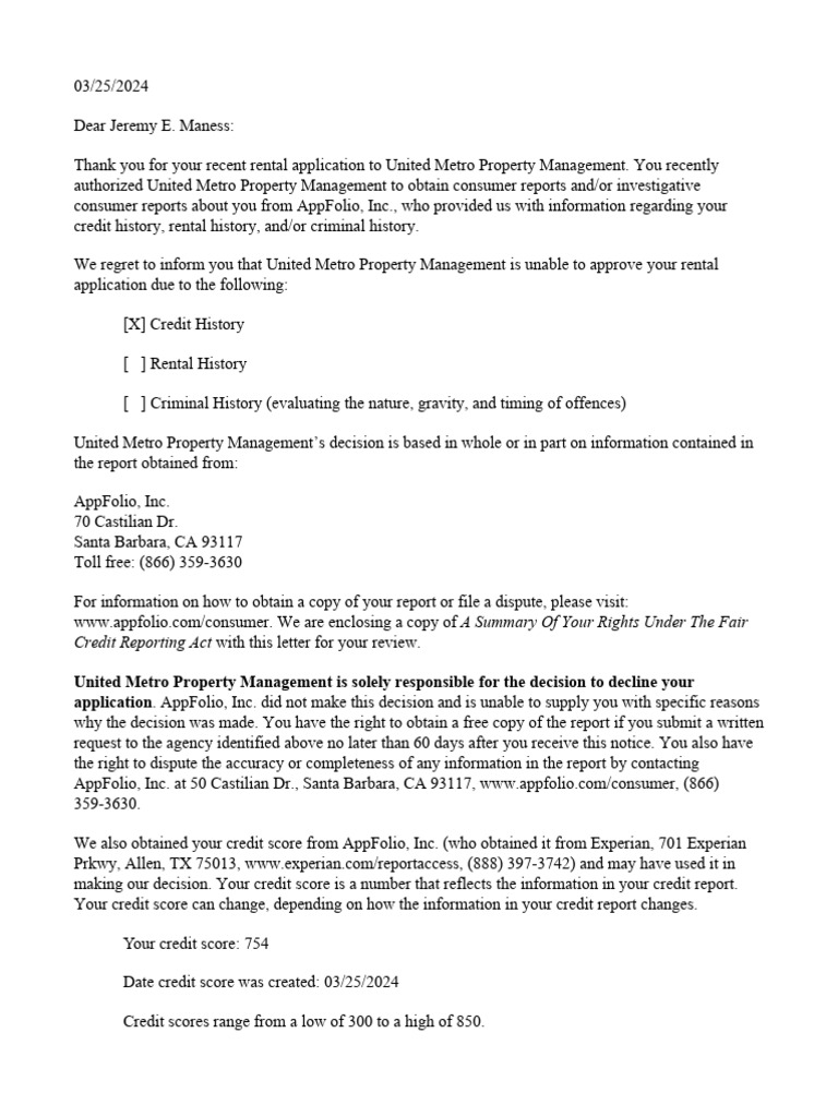 Maness Adverse Action Letter - PDF - PDF Expert | PDF | Credit History ...