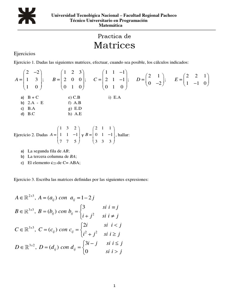 Practica de Matrices | PDF | Matriz (Matemáticas) | Álgebra lineal