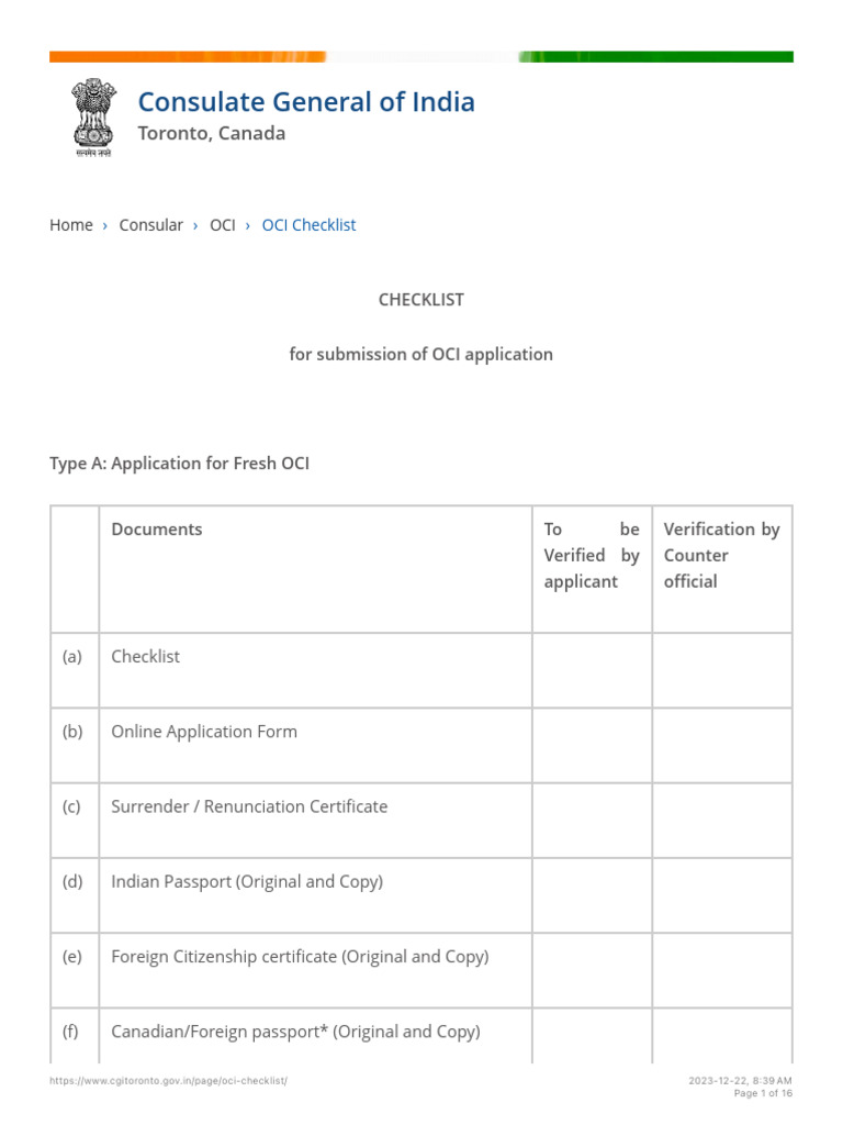 Consulate General of India, Toronto, Canada - OCI Checklist | PDF ...