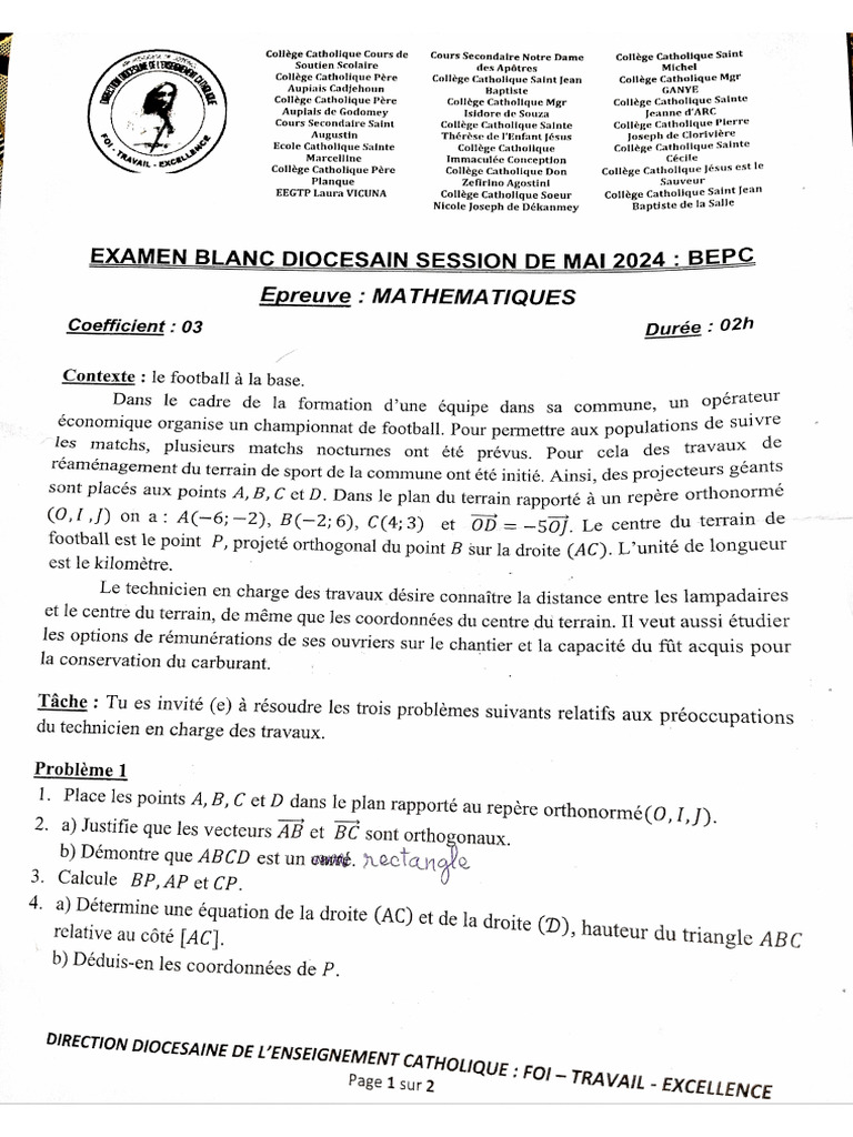 BEPC BLANC 2024 DIOCÈSE DE COTONOU Math 3ème | PDF