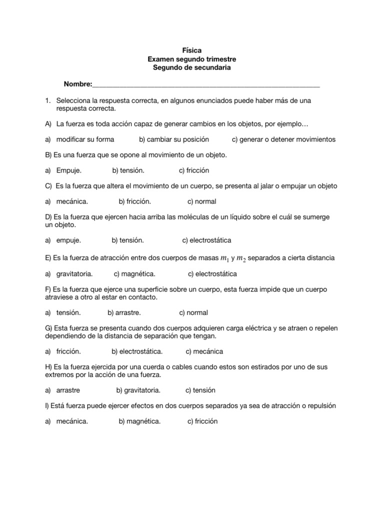 Examen Física 2do Secundaria | PDF | Las leyes del movimiento de Newton | Fuerza
