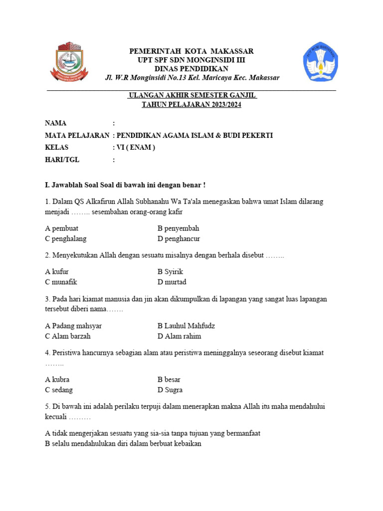 Soal Pas Pai KLS Vi | PDF