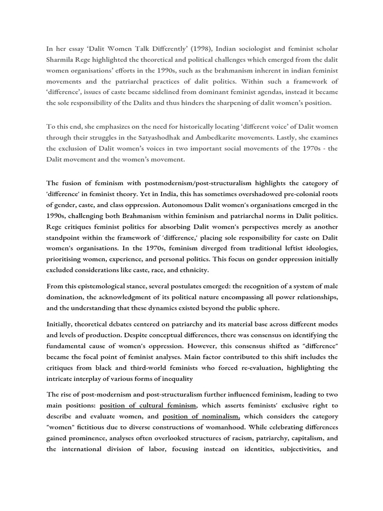 Sharmila Rege Article Summary | PDF | Feminism | Gender Studies