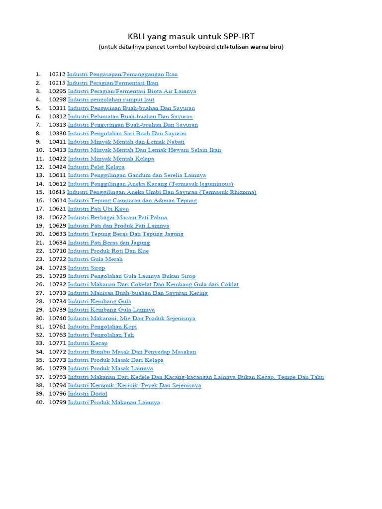 KBLI untuk SPP-IRT & KETENTUAN LABEL | PDF