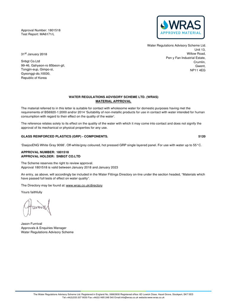 WRAS Material Approval Notice | PDF | Technology & Engineering