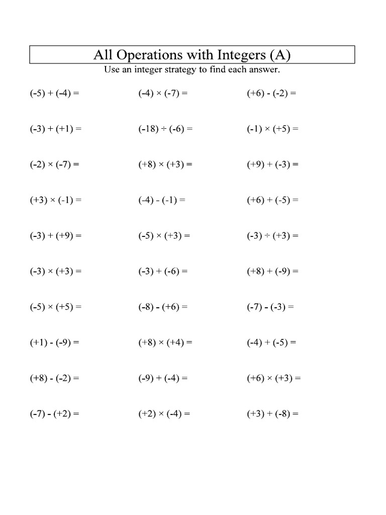 Integers All Operations 6pgs | PDF