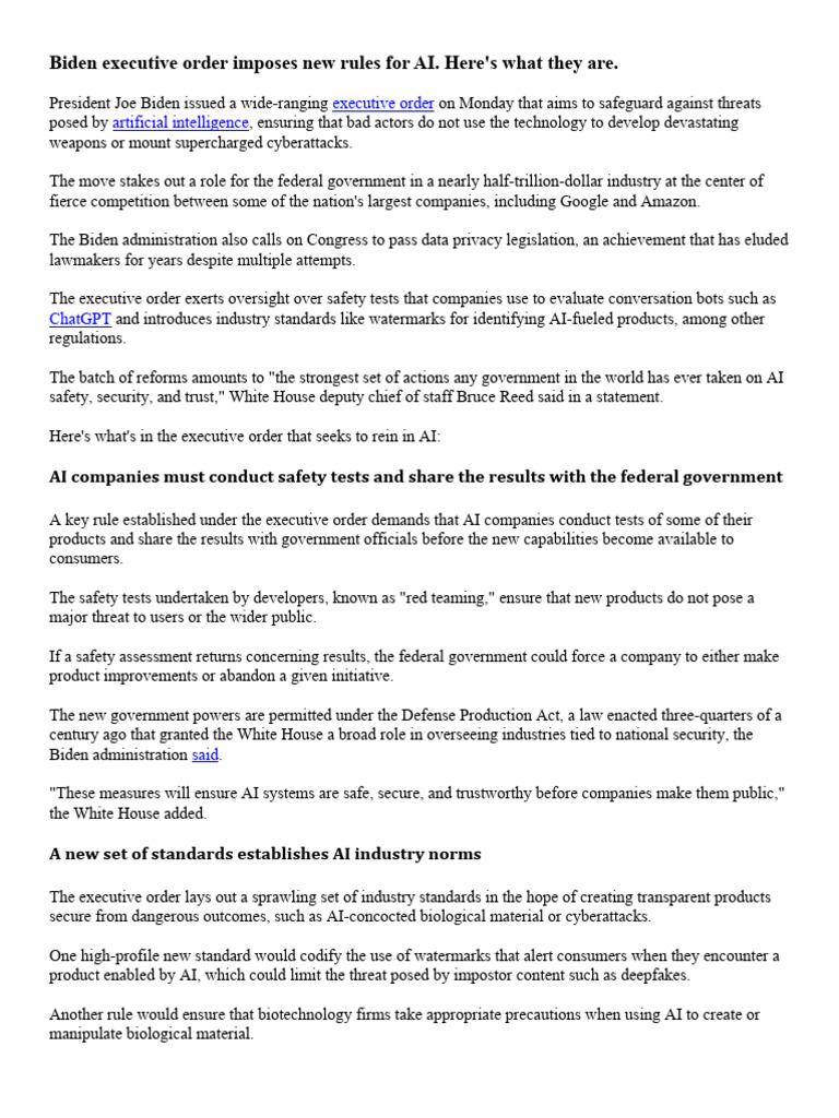 Biden Executive Order Imposes New Rules For AI | PDF | Artificial ...