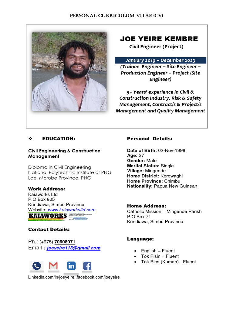 CV Updated - Joe Yeire Kembre | PDF | Papua New Guinea | Engineering