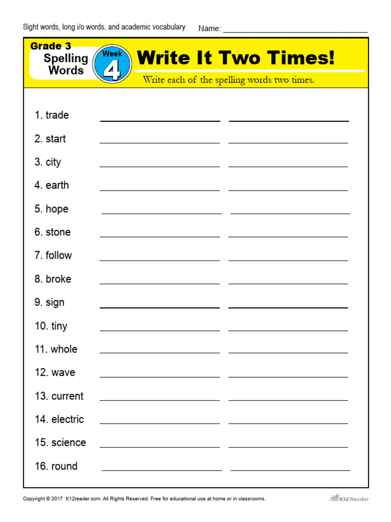 3rd Grade Spelling Words Week 4 | PDF | All Rights Reserved | Writing