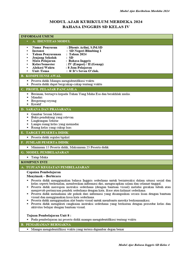 Modul Ajar Bahasa Inggris Kelas 4 | PDF | Karier & Perkembangan | Seni & Disiplin Bahasa