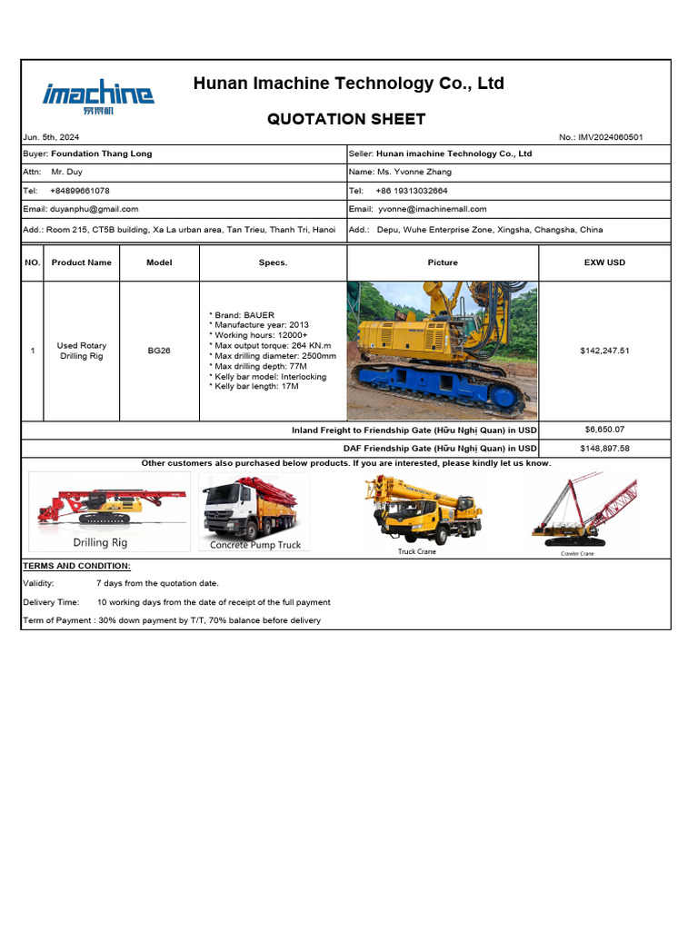 Imachine Rotary Drilling Rig Quotation For Foundation Thang Long ...