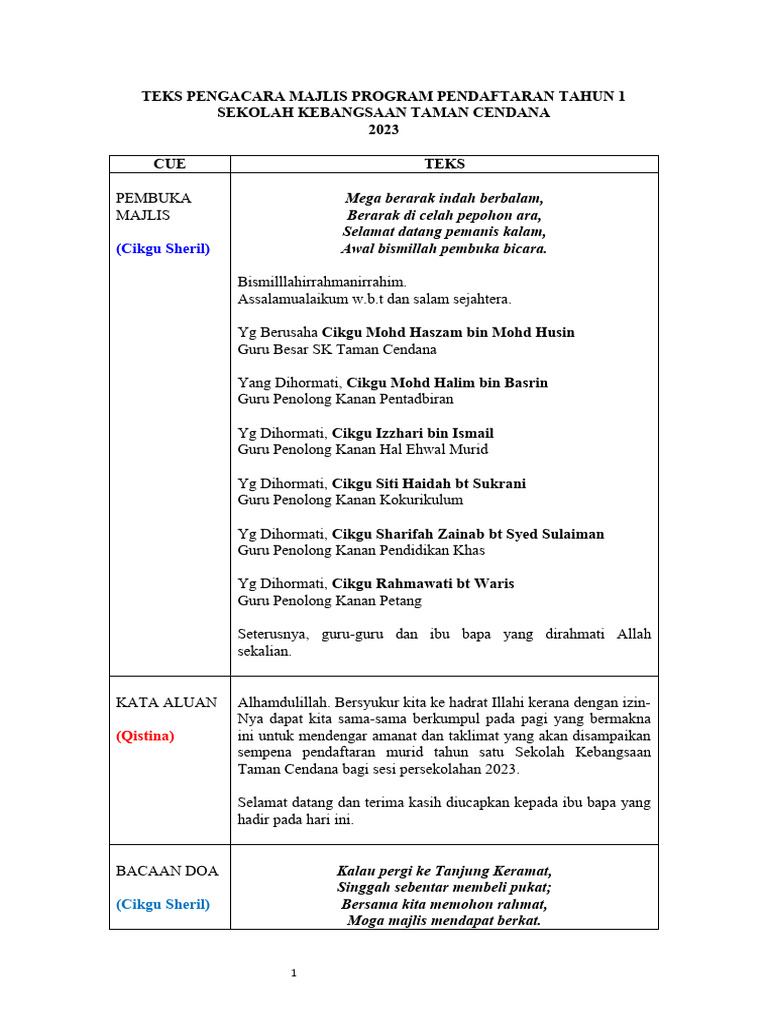 Teks Pengacara Majlis Program Pendaftaran Tahun 1 | PDF