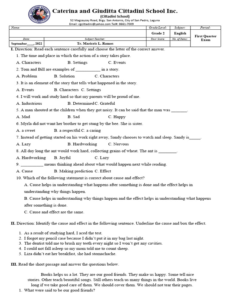 Grade 2 English First Quarter Exam | PDF | Sentence (Linguistics)
