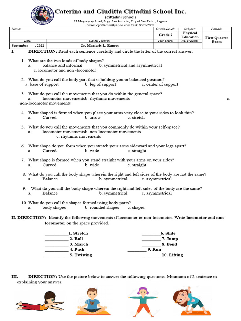Grade 2 Physical Education Exam | PDF