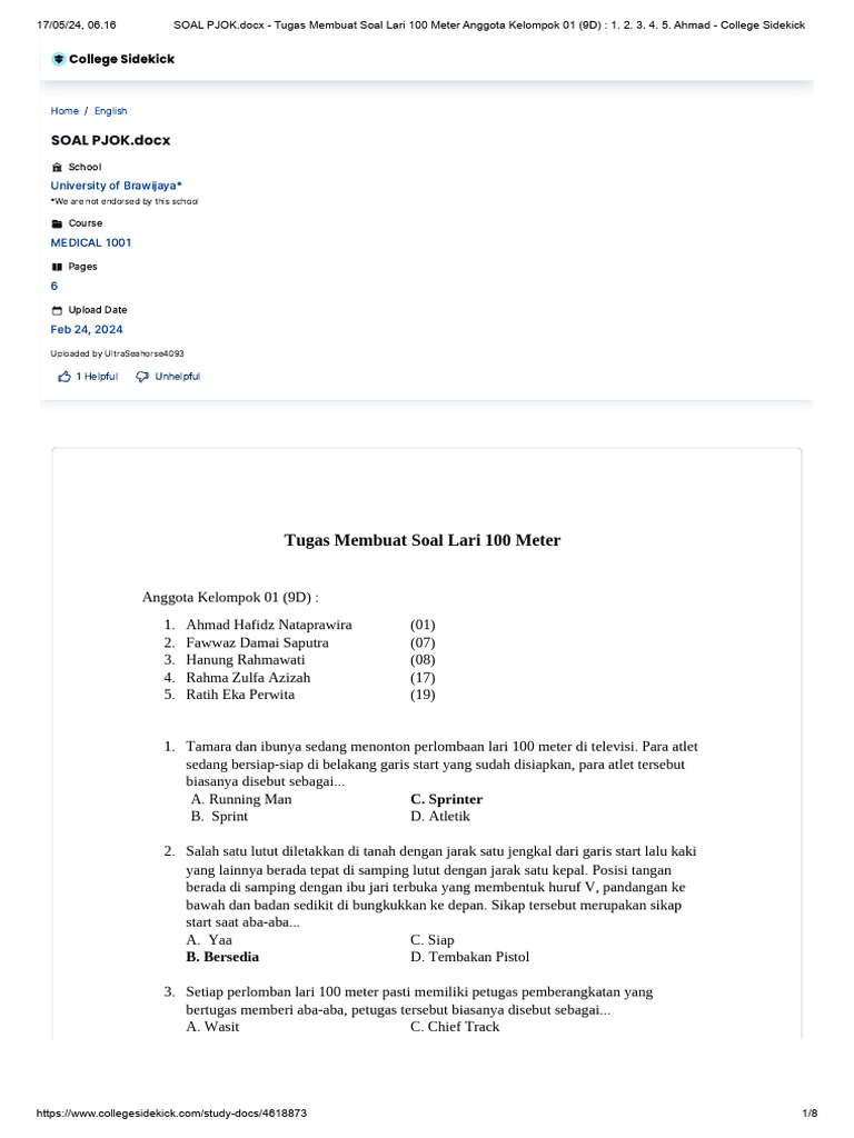 SOAL PJOK - Docx - Tugas Membuat Soal Lari 100 Meter Anggota Kelompok 01 (9D) - 1. 2. 3. 4. 5 ...