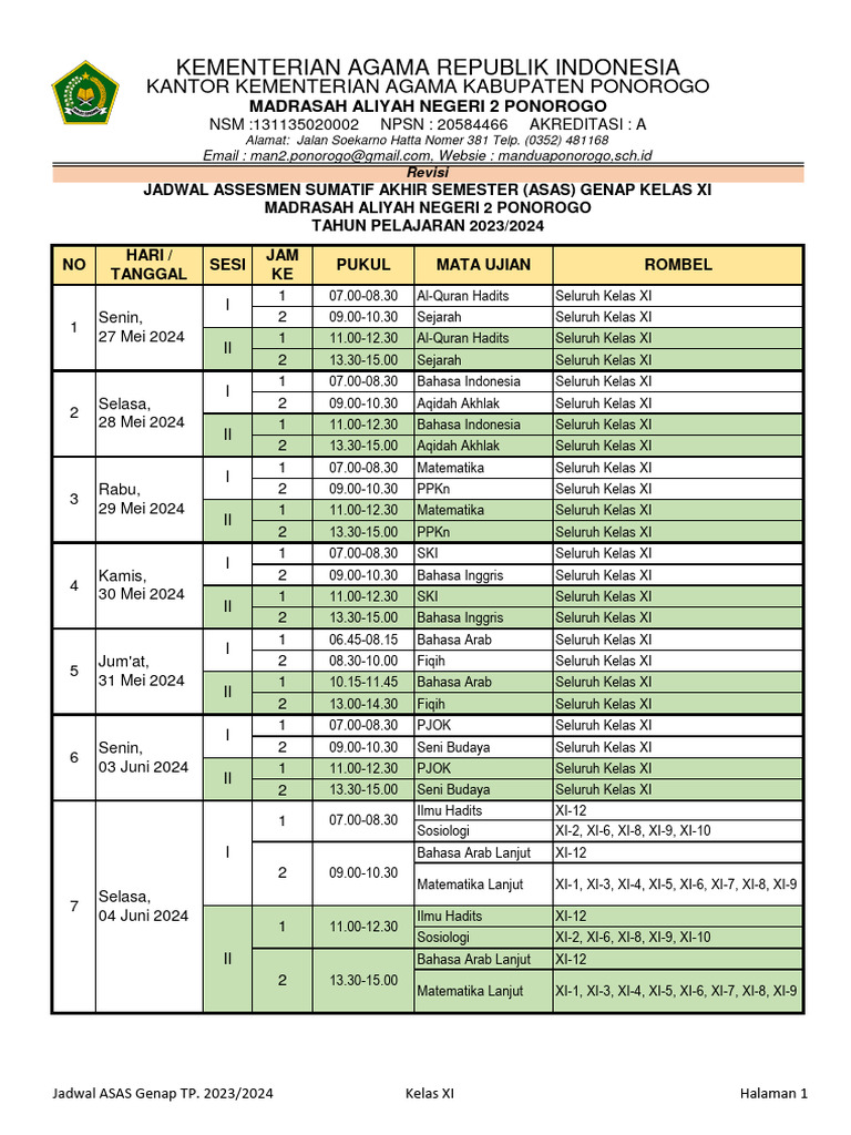 Rev - Jadwal Asas Genap Kelas Xi - TP 2023-2024 | PDF