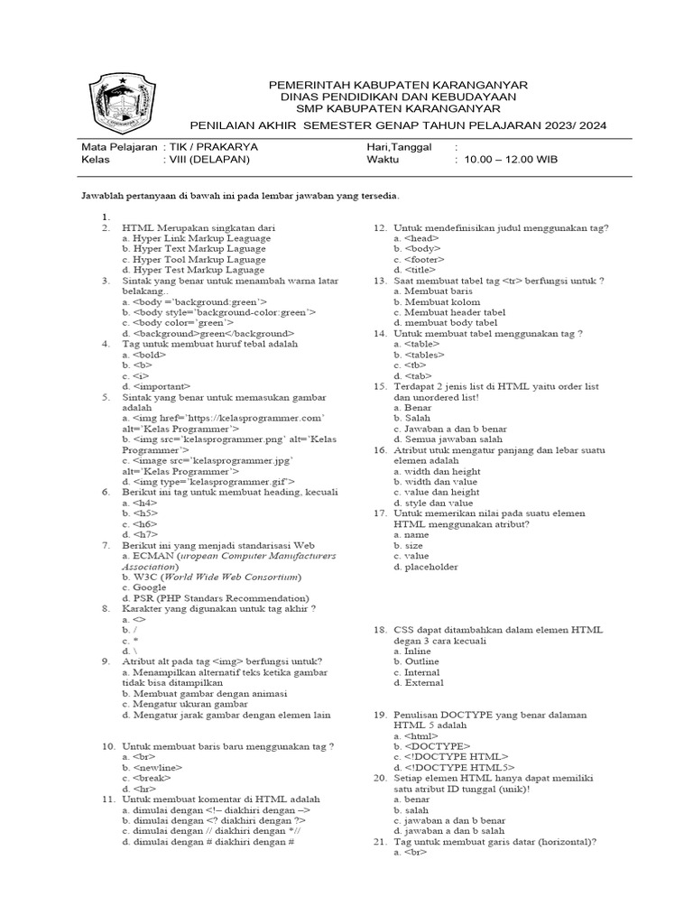 Soal Pas KL 8 2024 Kurtilas | PDF