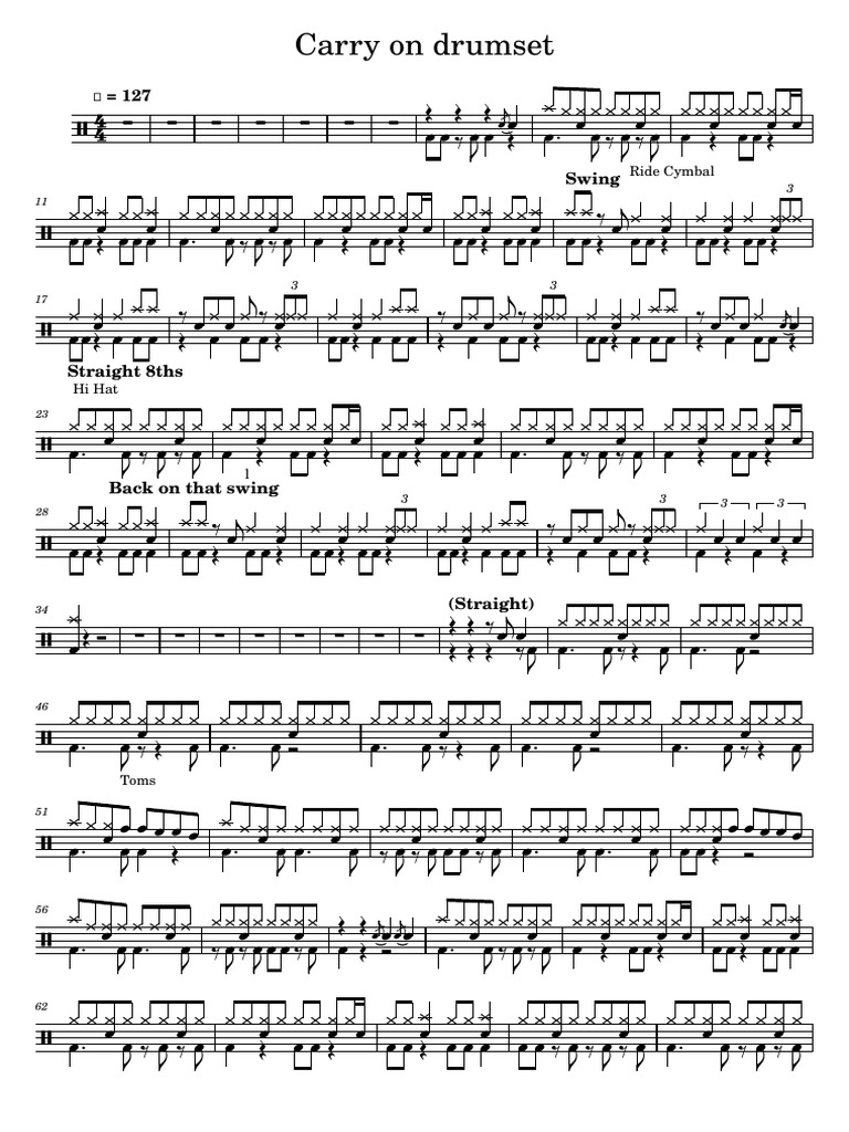Carry_on_wayward_son_drumset_part | Download Free PDF | Drum Kit | Rhythm And Meter