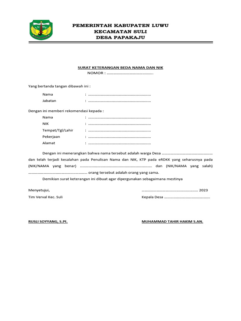 Surat Keterangan Beda Nama dan NIK | PDF