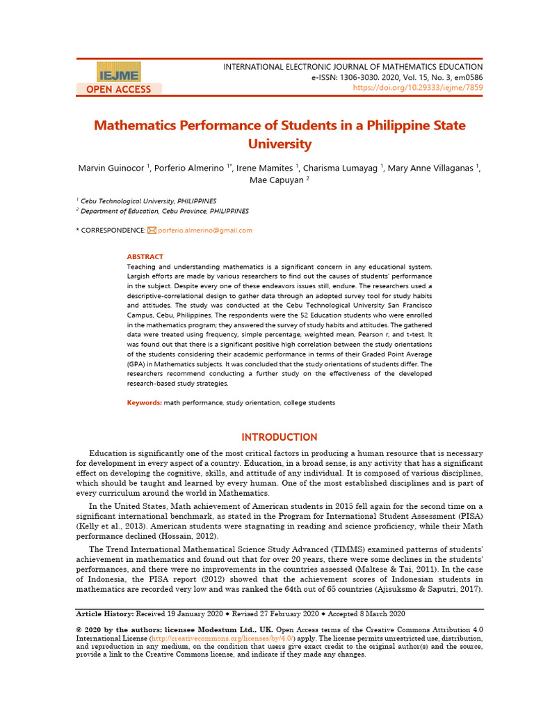 Mathematics Performance in Philippine University | PDF | Learning ...