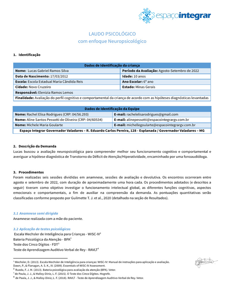 Exemplo Bom de Laudo Neuropsicológico | PDF | Neuropsicologia | Psicologia