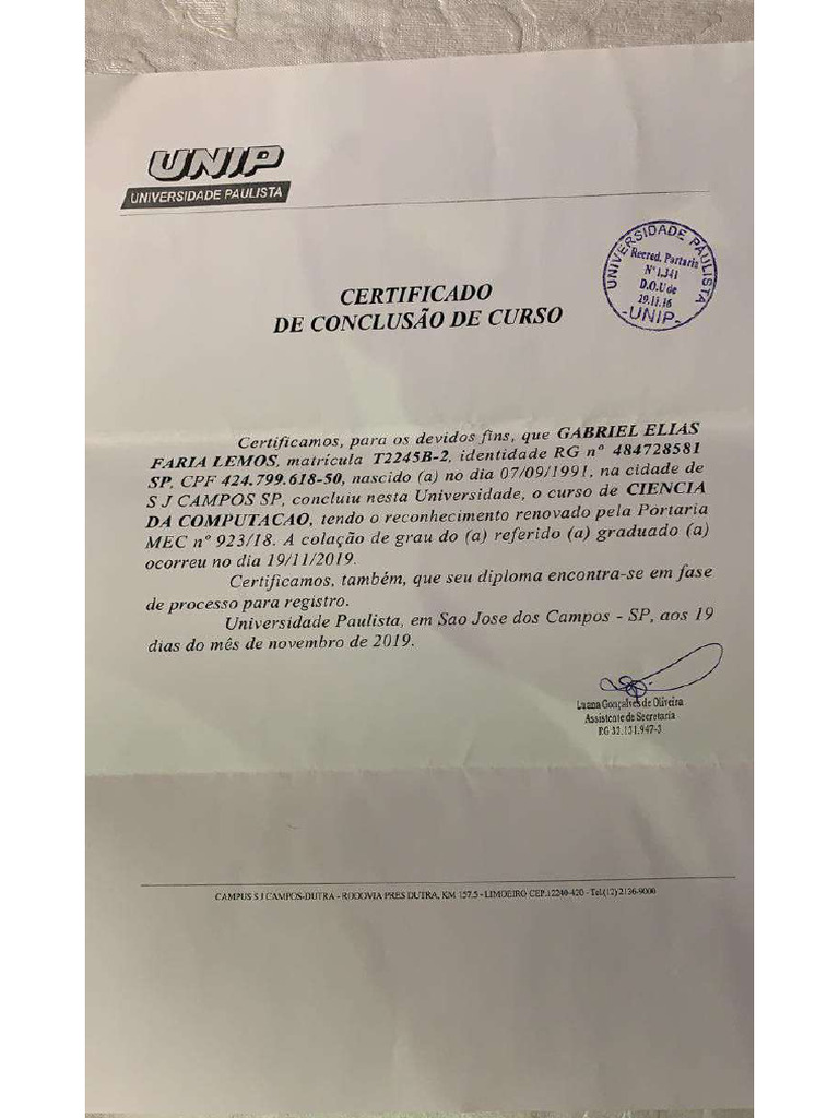 Certificado UNIP de Conclusão de Curso Ciência Da Computação | PDF