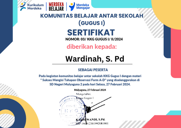 Sertifikat Komunitas Belajar KKG 2024 | PDF