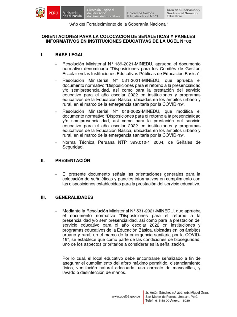 Anexo I - Orientaciones para Colocar Senalizacion en Iiee de Ugel 02 | PDF