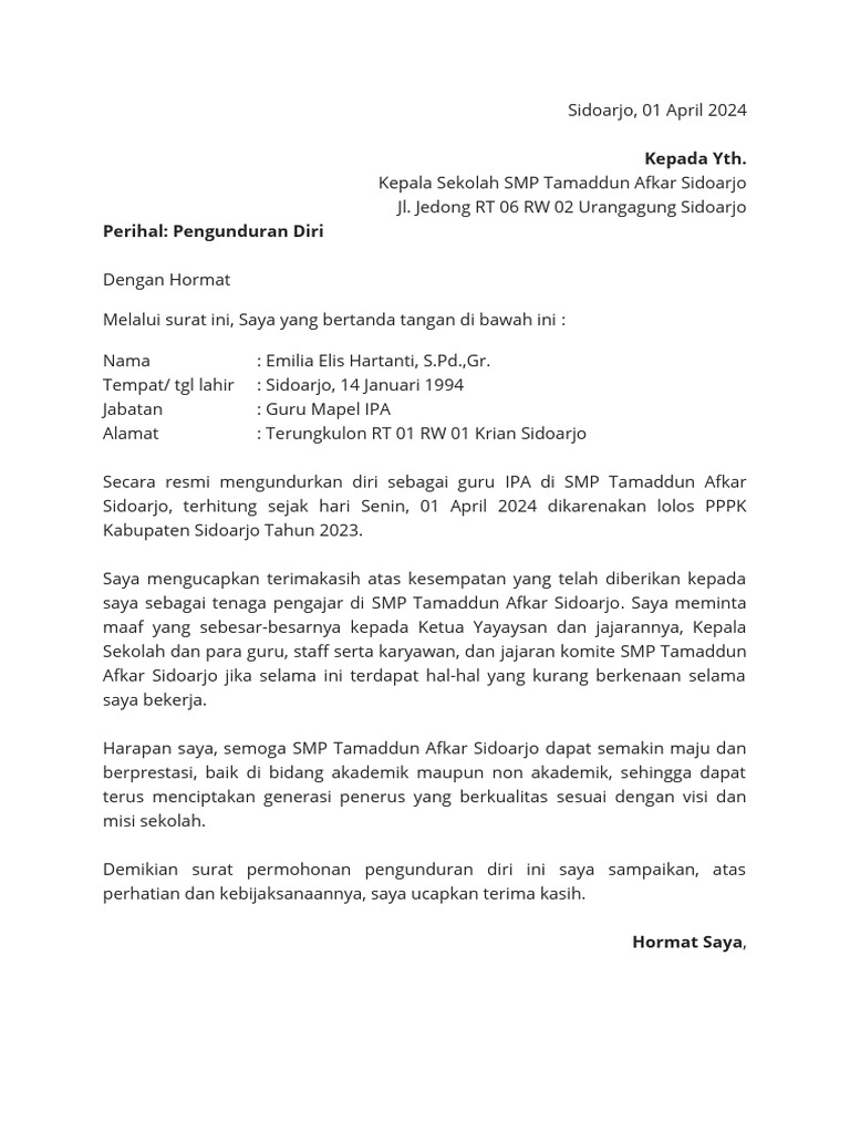 Contoh Surat Pengunduran Diri Guru | PDF
