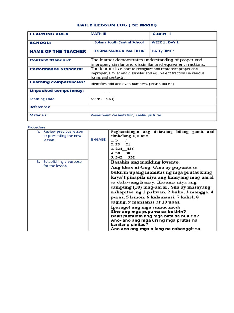 Daily Lesson Log Math 6 Q2 Week 1 | PDF | Learning | Ratio