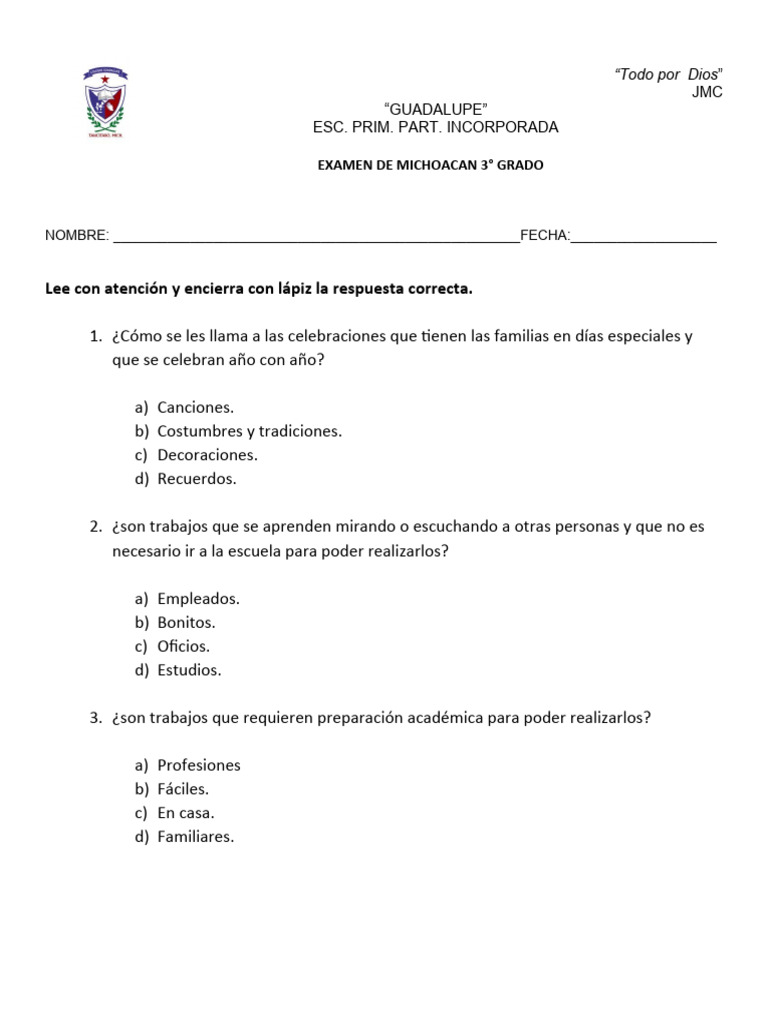 Examen de Español 3° Grado Primaria | PDF | Crecimiento personal y ...