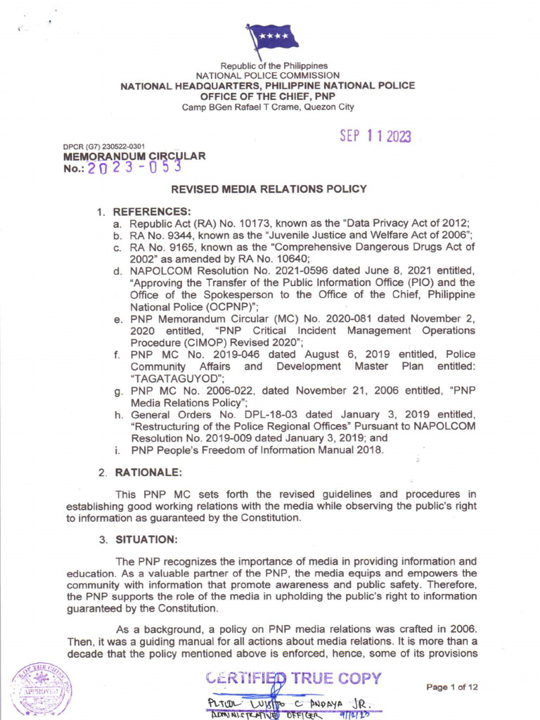PNP MC 2023-053-1 Revise Media Relations Policy | PDF