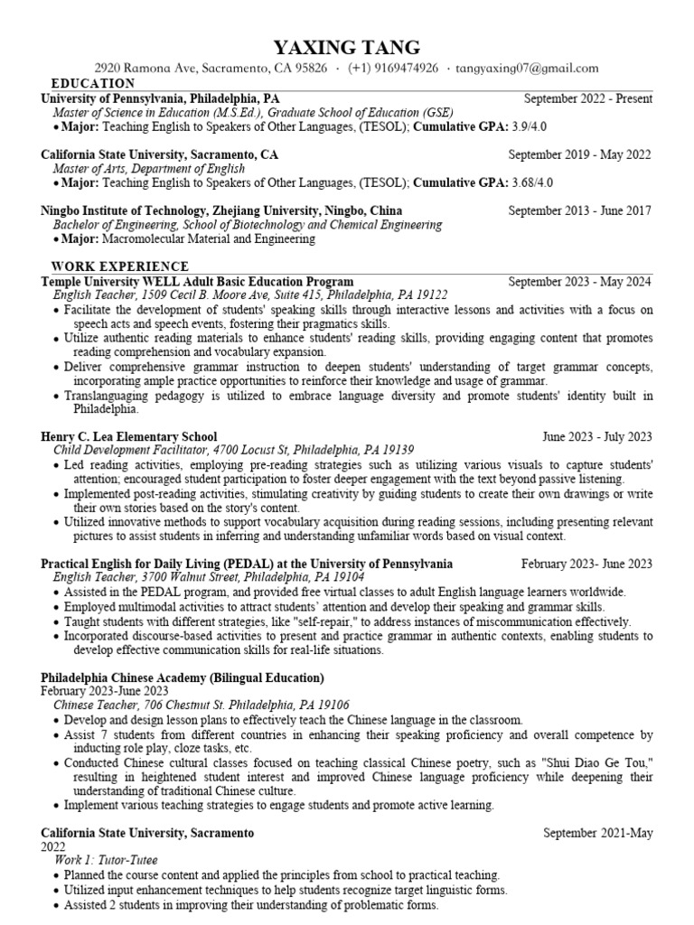 yaxing tang cv | PDF | English As A Second Or Foreign Language | Curriculum