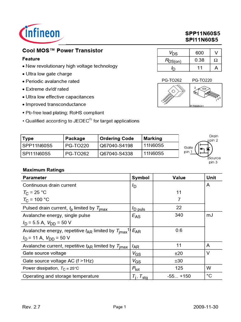 Infineon SPP - I11N60S5 DS v02 - 07 en 522948 | PDF | Diode | Field Effect Transistor