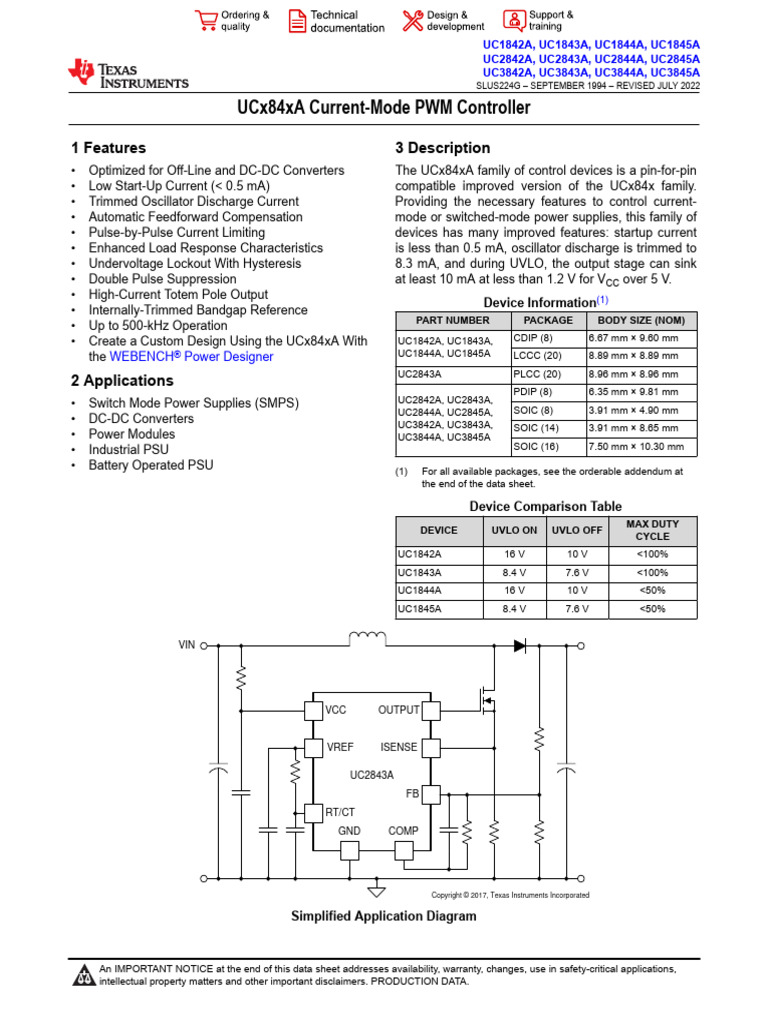 Ucx84Xa Current-Mode PWM Controller: 1 Features 3 Description | PDF | Amplifier | Capacitor