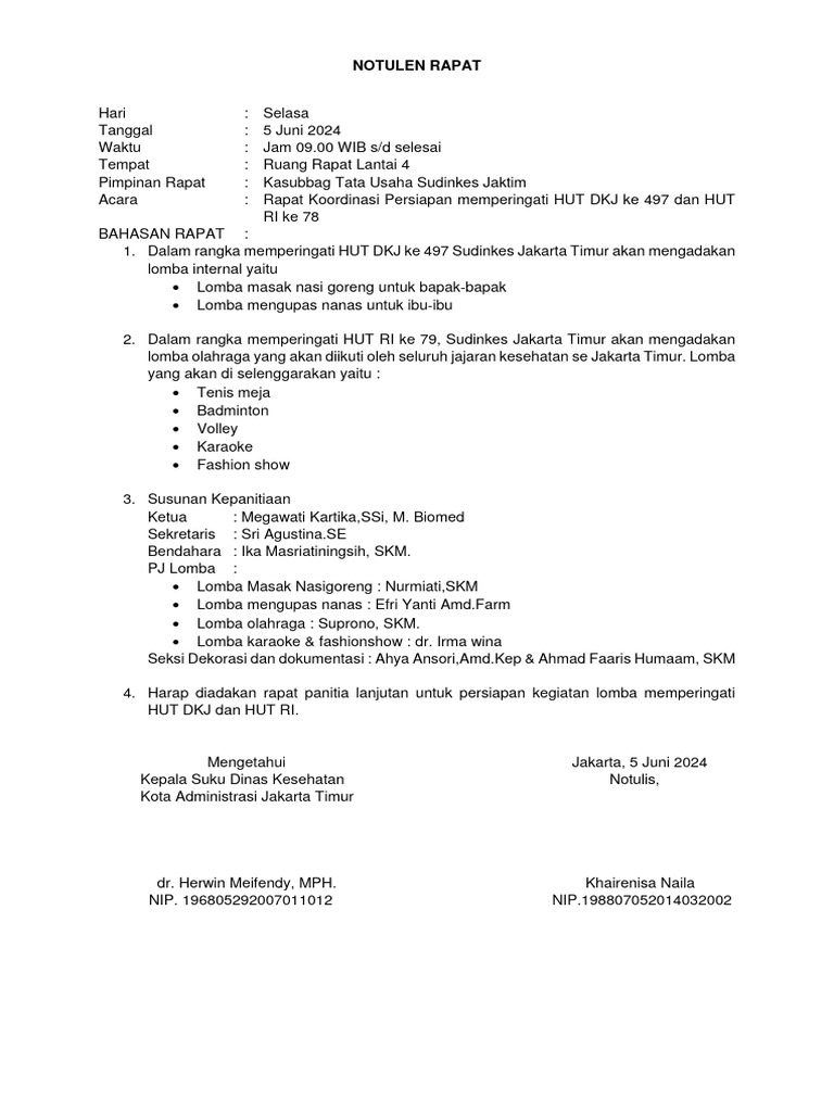 Notulen Rapat Persiapan Hut DKJ Dan Hut Ri 2024 | PDF