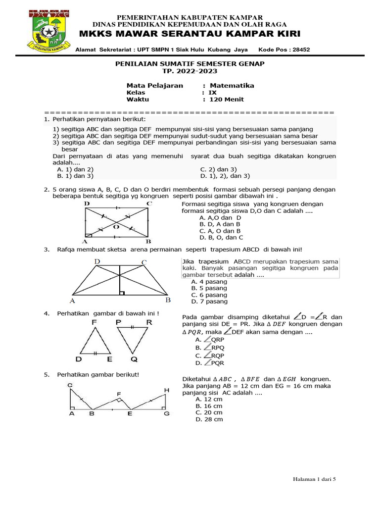 Soal Sumatif Matematika Kelas Ix Semester Genap MKKS 2023 | PDF