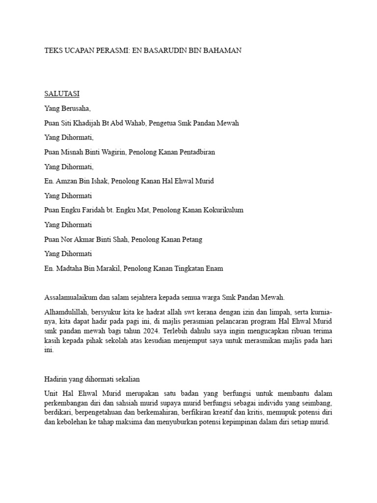 Teks Ucapan Perasmi Pelancaran Minggu Hem SMK Pandan Mewah 2024 | PDF