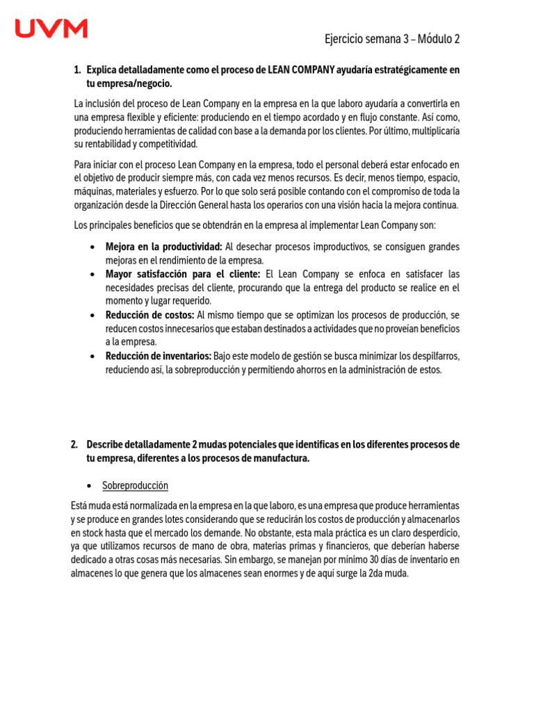 Ejercicio M2 Semana 3 | PDF | Lean Manufacturing | Business