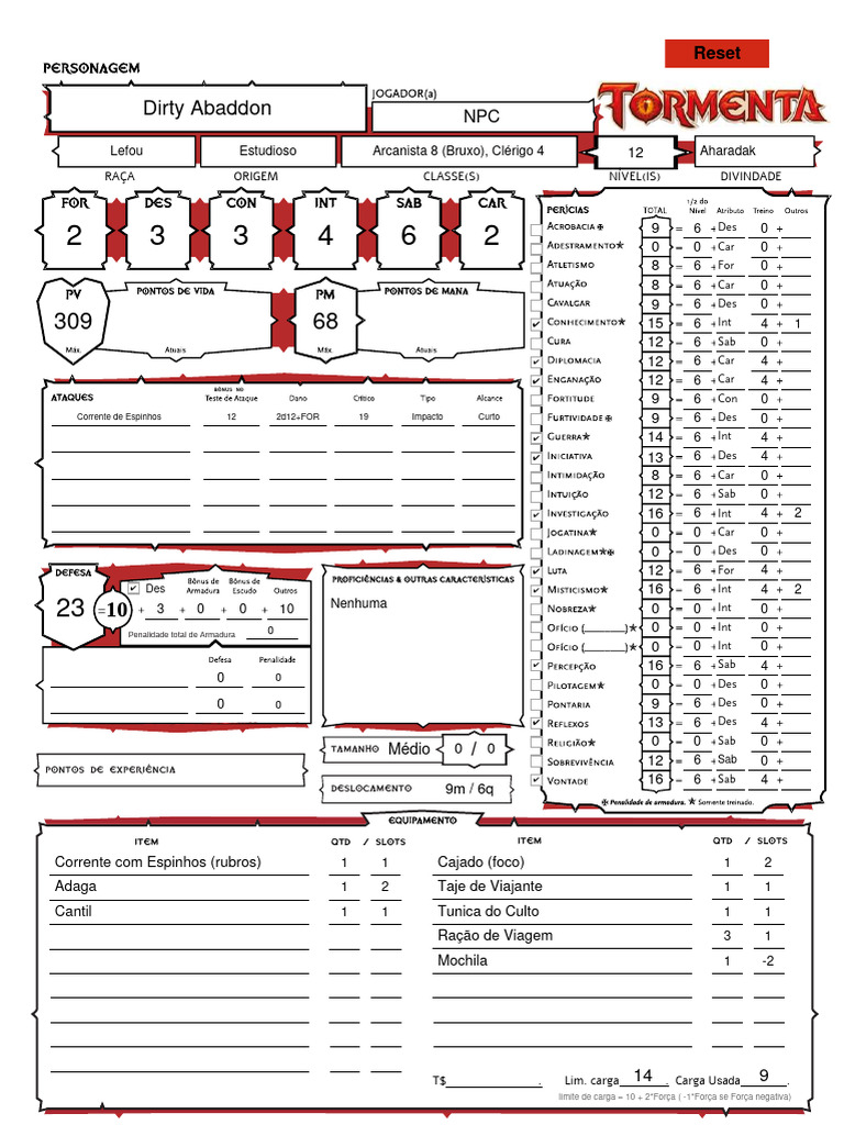 Ficha (NPC) LVL 12 - Dirty Abaddon | PDF