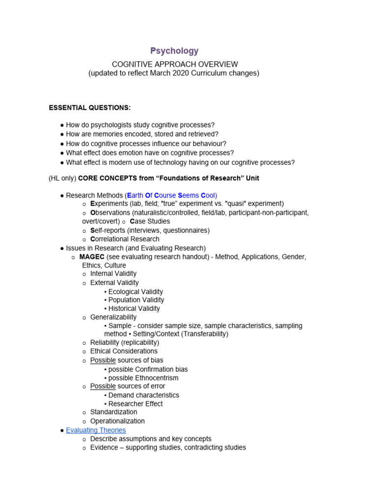 IB Psychology Cognitive Approach Study Guide | Download Free PDF ...