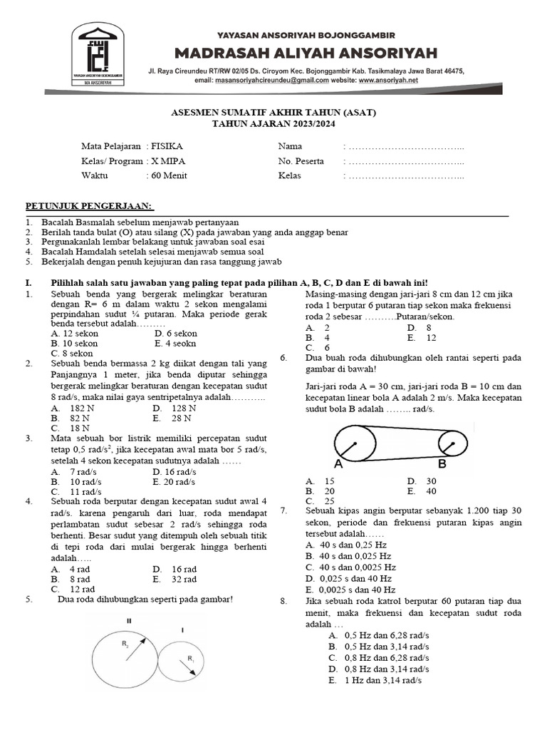 SOAL ASAT FISIKA KELAS X Ansoriyah 2024 | PDF