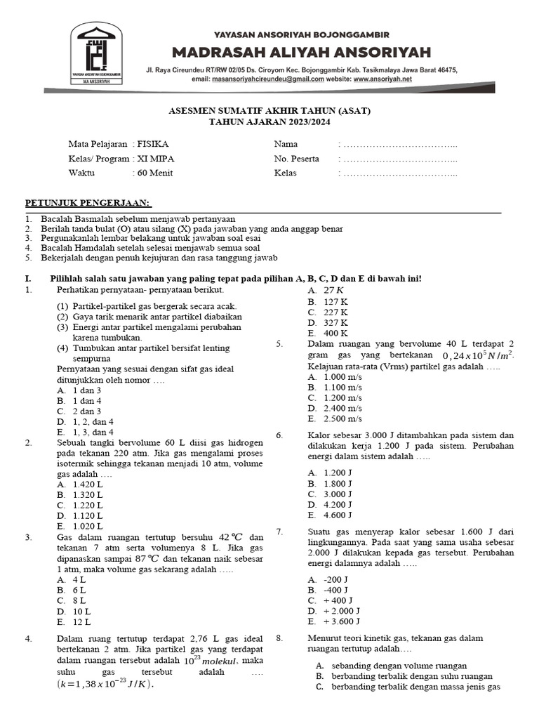 SOAL ASAT FISIKA KELAS XI Ansoriyah 2024 | PDF | Sains & Matematika