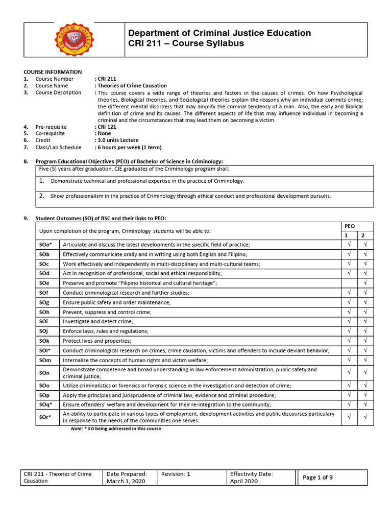 611610006090bf0c4bb29a0c 1628836172 CRI 211 SYLLABUS REV 1 | PDF | Crimes | Crime & Violence