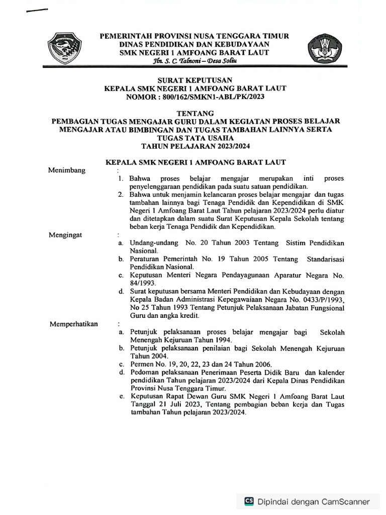 SK Pembagian Tugas 2023 - 2024 | PDF