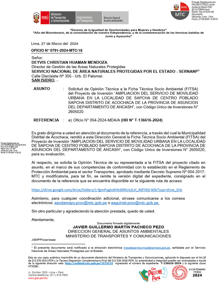 Antec. 0791-2024-MTC - 16 - OFICIO (T-136616-2024) | PDF | Lima