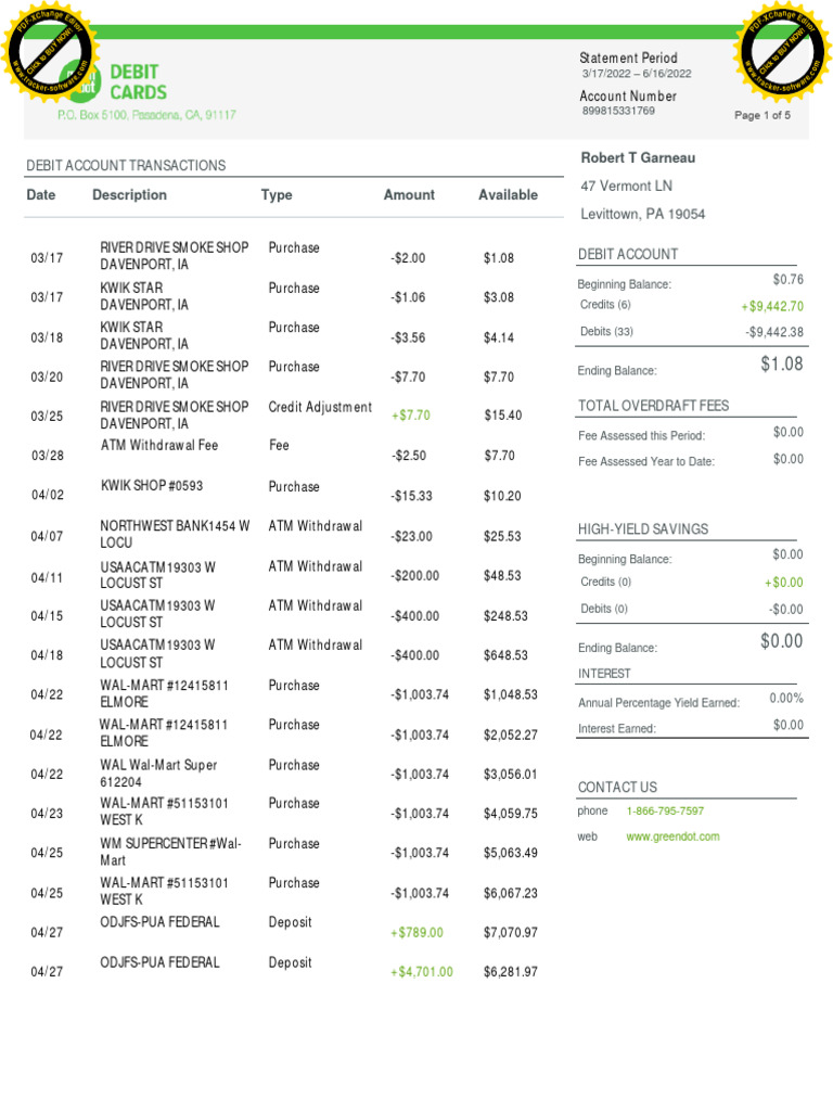 Greendot Bank Statement | PDF | Debit Card | Overdraft