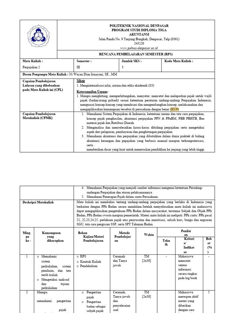 RPS Perpajakan Lanjutan | PDF