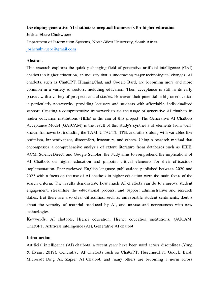 Developing Generative AI Chatbots Conceptual Framework For Higher Education | PDF | Artificial ...