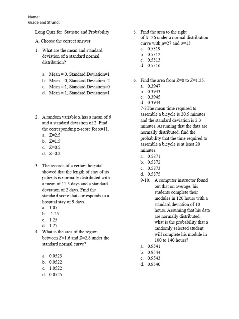 Long Quiz on Statistics and Probability | PDF | Mean | Normal Distribution